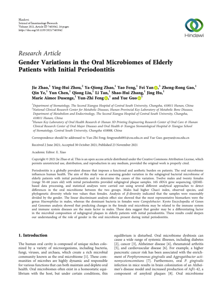 Gender Variations in The Oral Microbiomes of Elderly Patients With ...