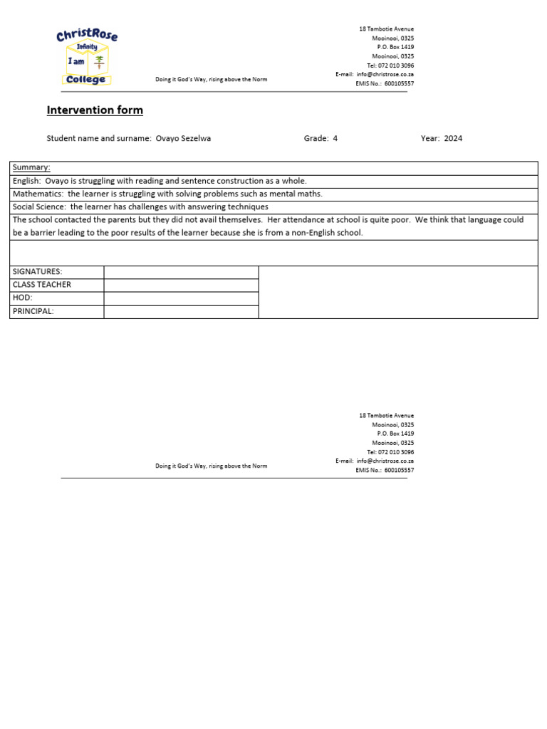 Intervention Form Summary | PDF