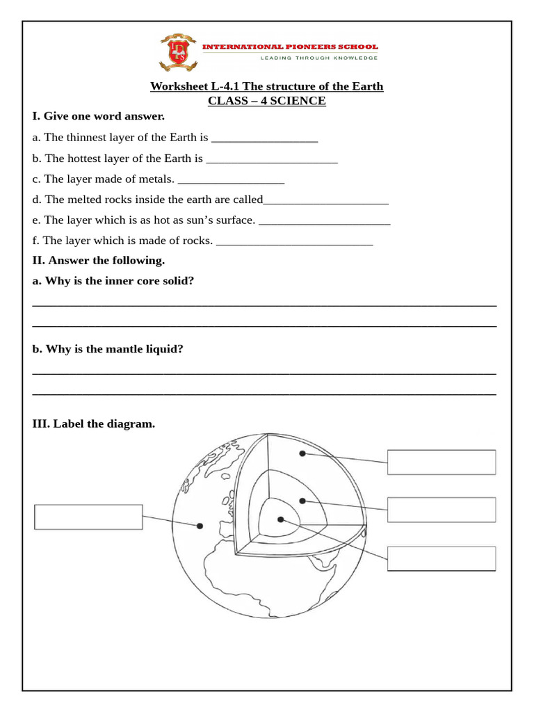 Earth Structure Worksheet for Kids | PDF