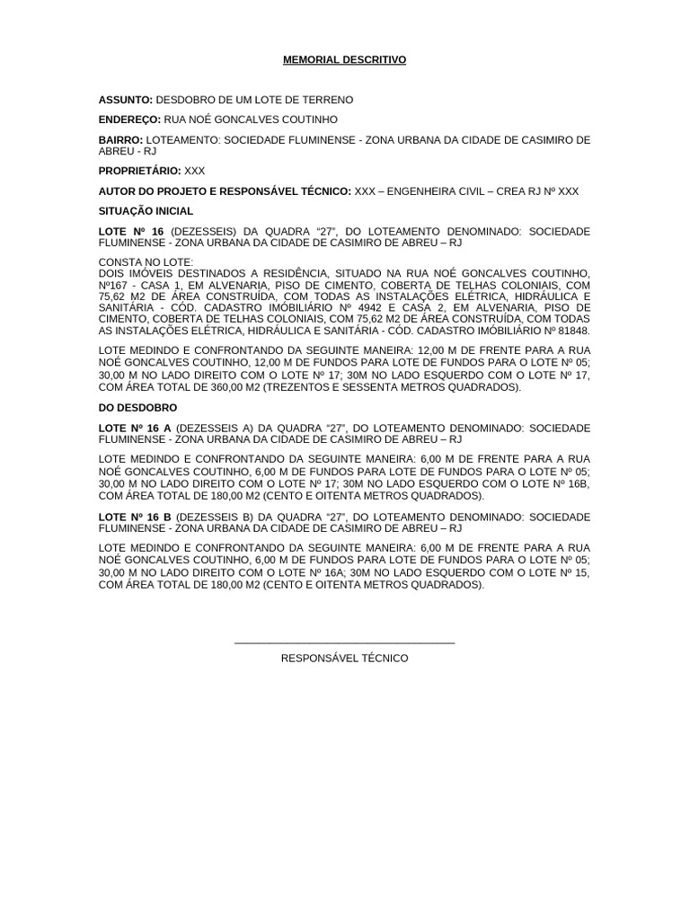 MODELO DE MEMORIAL DESCRITIVO PARA DESDOBRO DE TERRENO | PDF MODELO DE MEMORIAL DESCRITIVO PARA DESDOBRO DE TERRENO | PDF