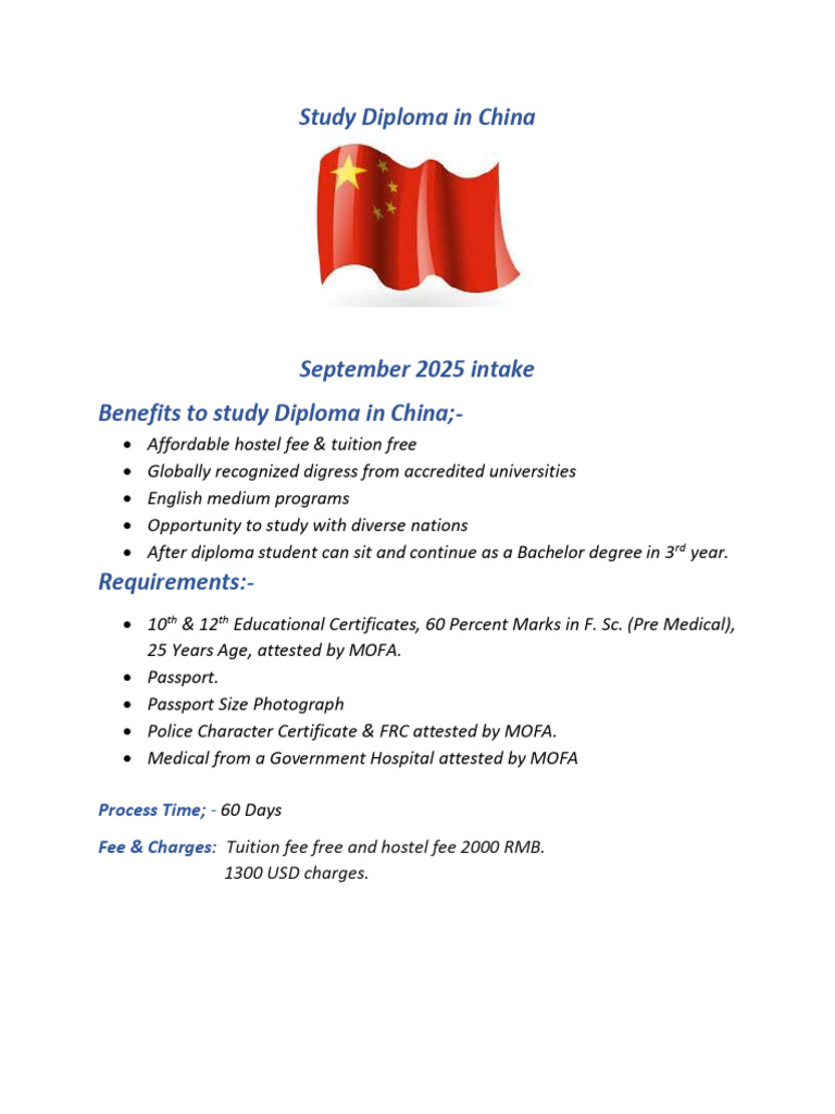 Study Diploma in China: September 2025 Intake | PDF