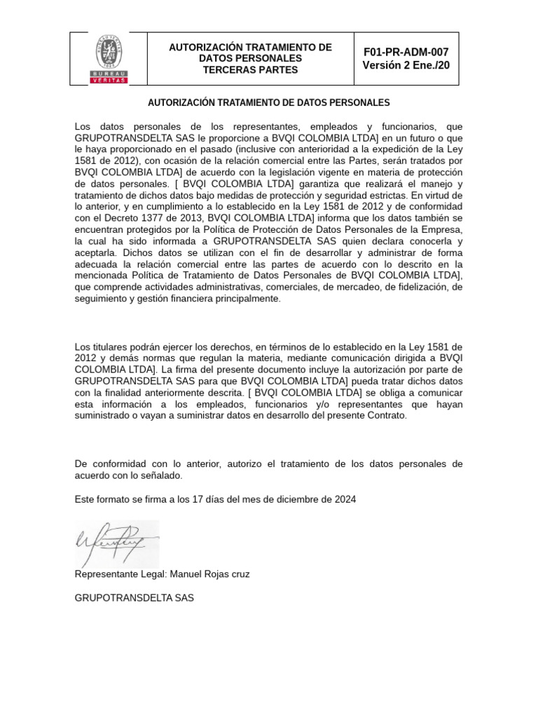 F01-PR-ADM-007 V2 JAN20 formato aut de datos personales NUEVO (2) | PDF ...