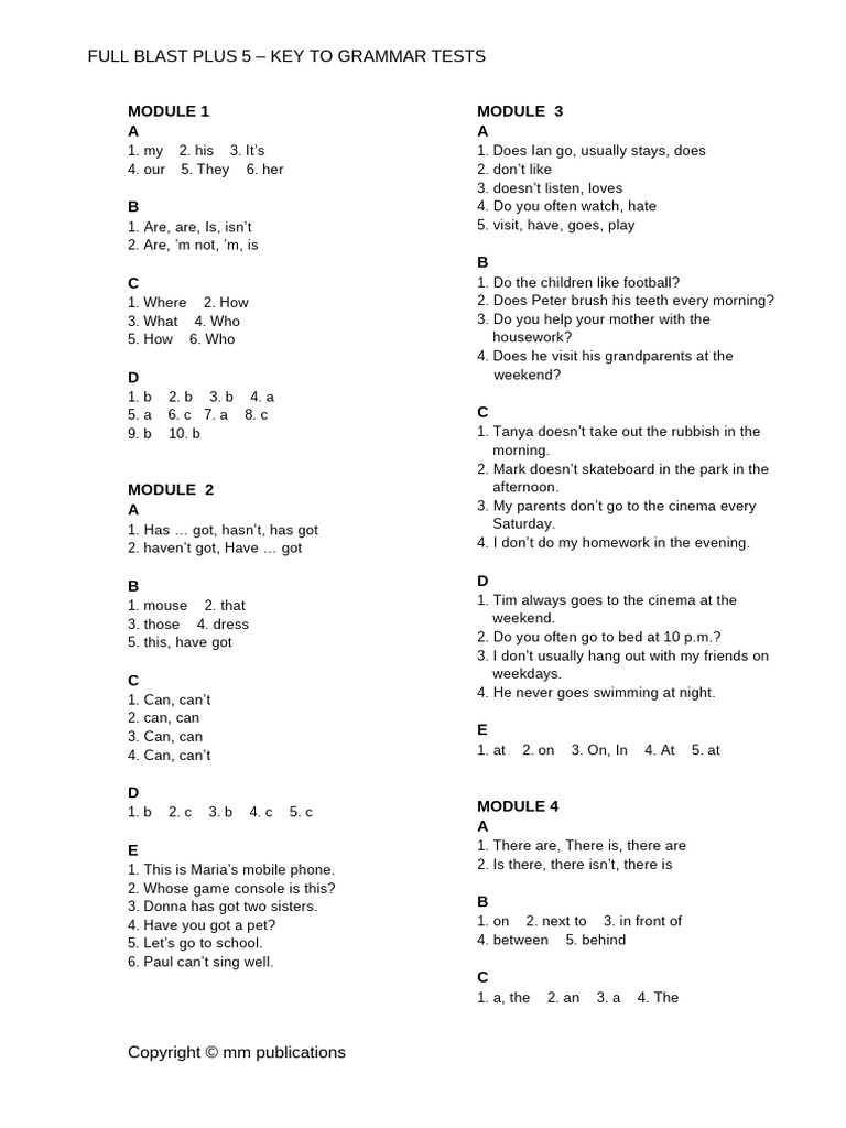 Full Blast Plus 5 Ukr Grammar-Test Key-To-grammar-tests | PDF