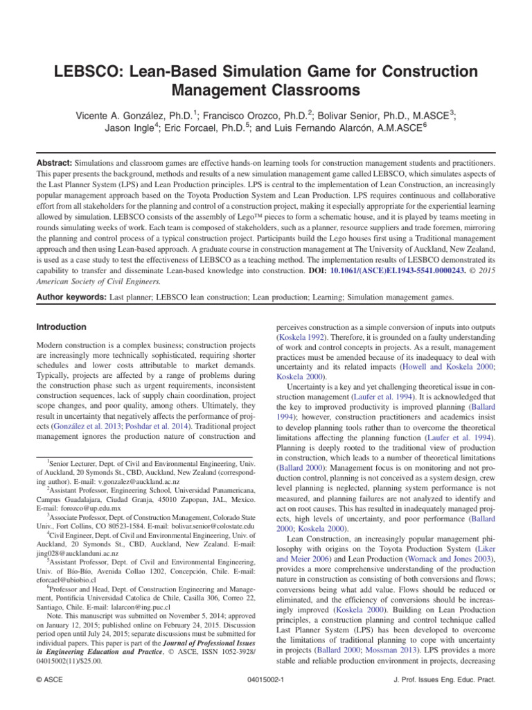 2015 LEBSCO, Lean-Based Simulation Game for Construction Management ...