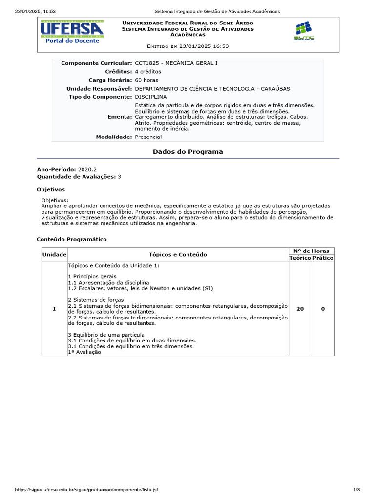Ementa - Mecanica Geral I - Ufersa | PDF | Análise estrutural | Mecânica