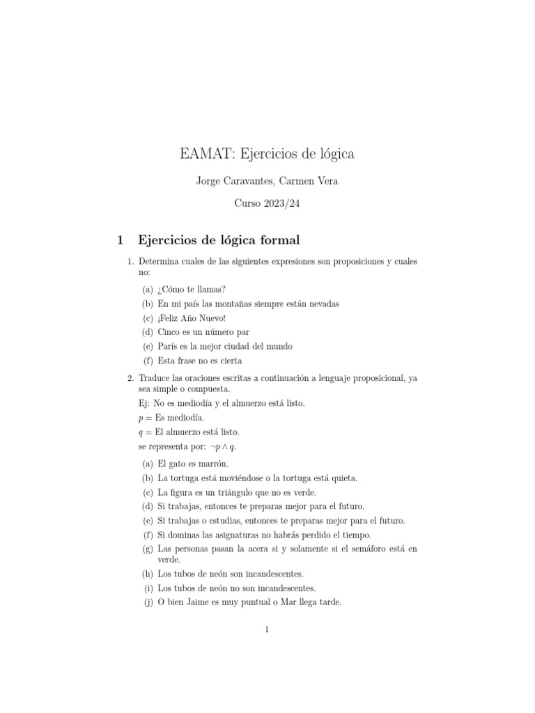 Ejercicios Lógica | PDF | Proposición | Lógica matemática