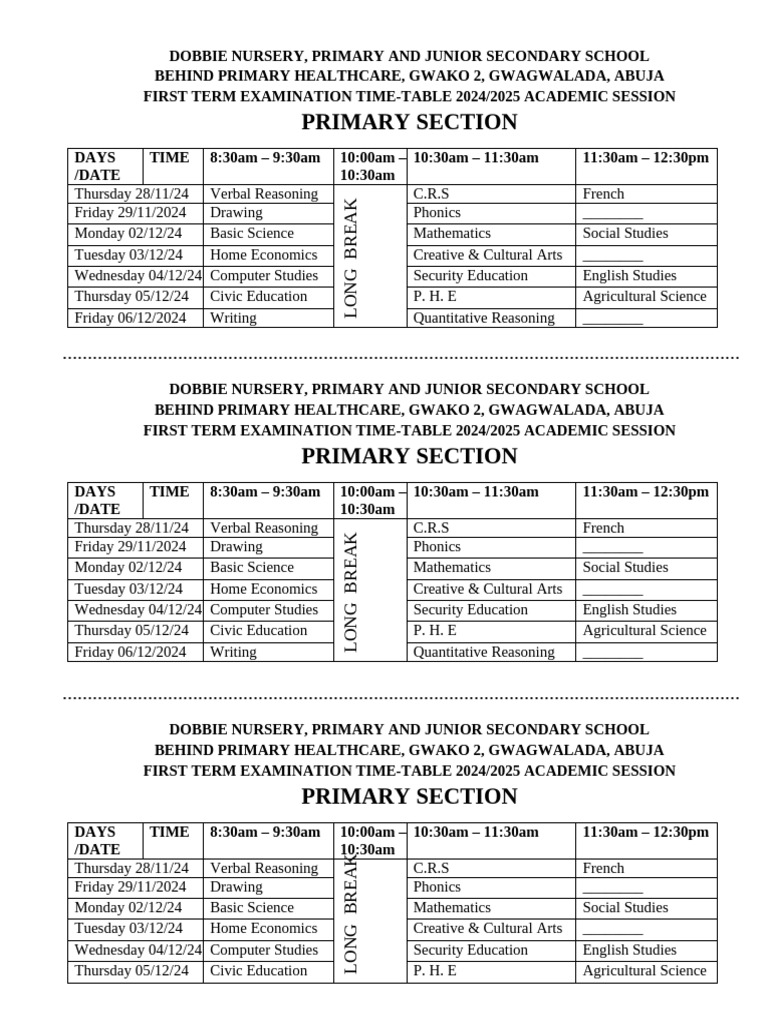 DOBBIE Primary Exam Time Table | PDF