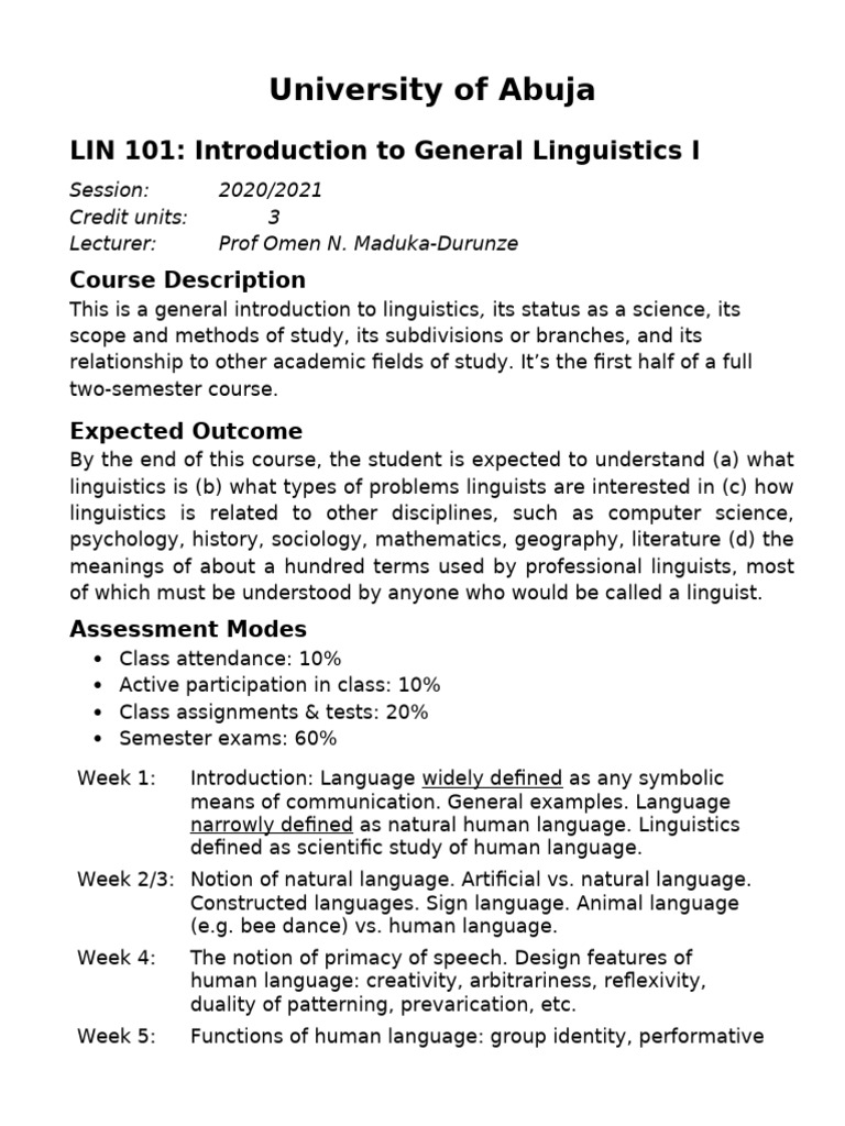 LIN 101 Outline 2020 To 21 | PDF | Linguistics | Phonology