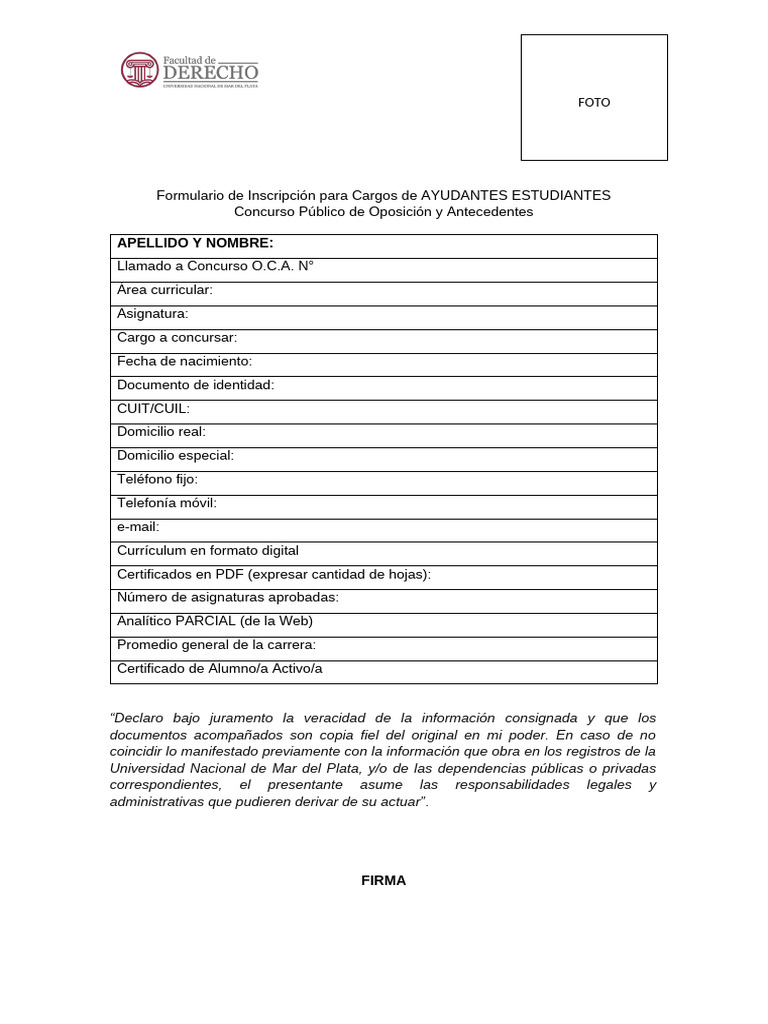 Formulario Cargos Ayudante Estudiante | PDF