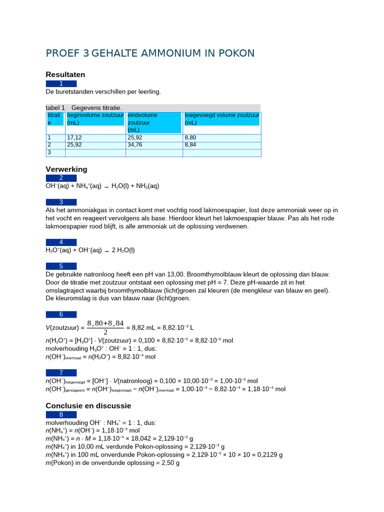 PROEF 3GEHALTE AMMONIUM IN POKON - Uitwerking | PDF