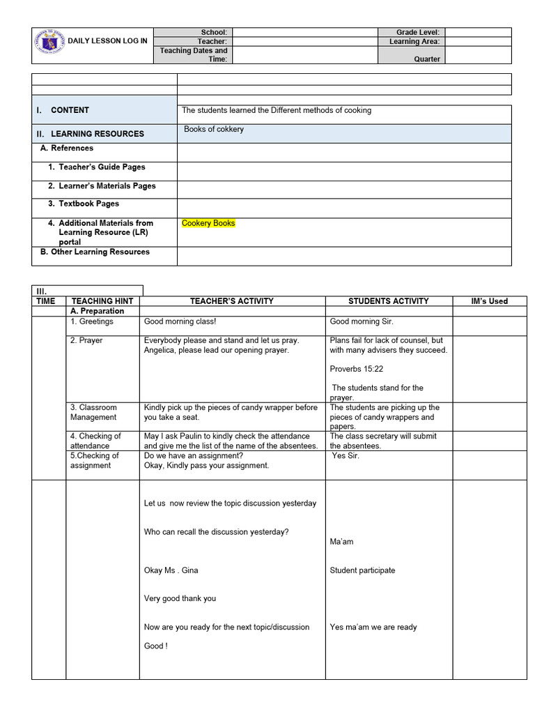 Different Cooking Methods Lesson Plan | PDF | Cooking | Grilling