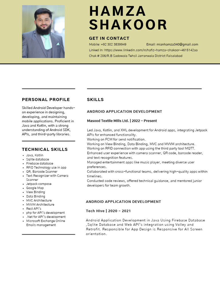 Android Developer Profile: Hamza Shakoor | PDF | Computer Network | Android (Operating System)