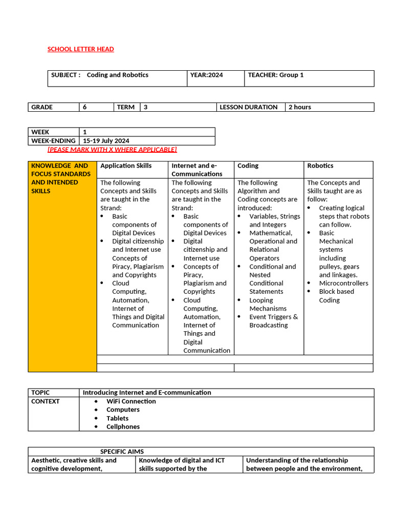 Grade 6 Robotics Group Week 1 Lesson Plan | PDF | Learning | Internet ...
