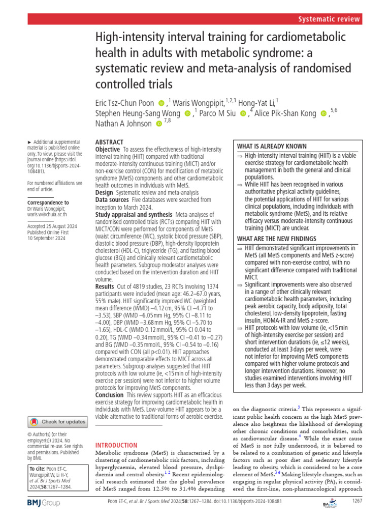 High-Intensity Interval Training for Cardiometabolic Health in Adults With Metabolic Syndrome ...