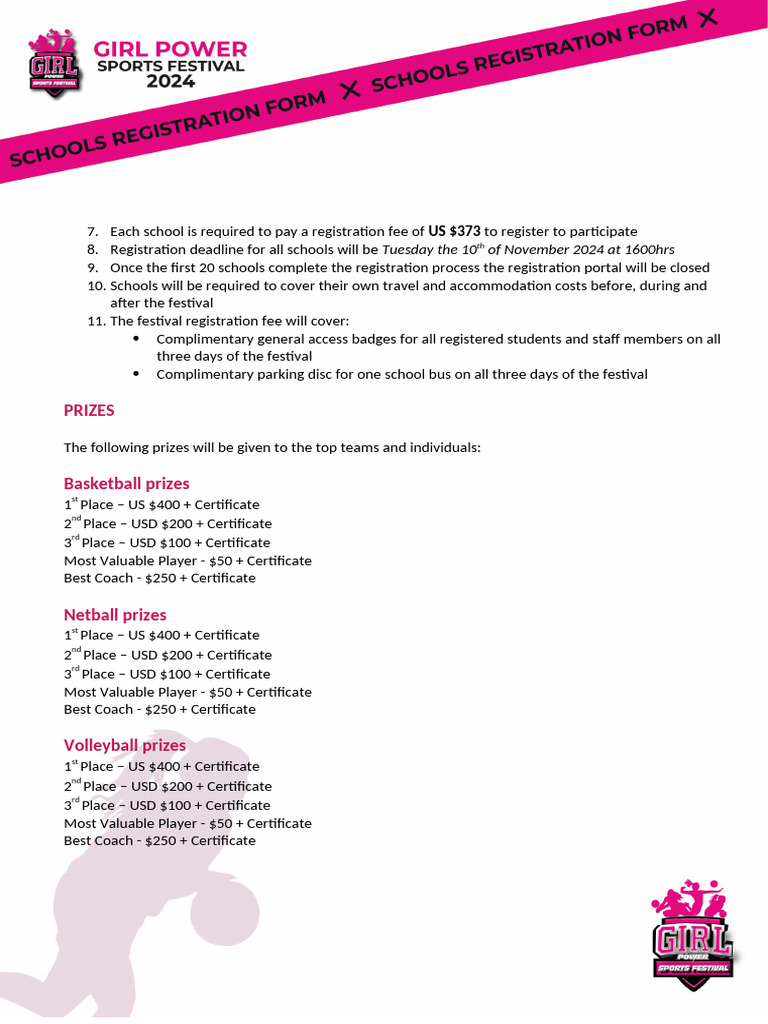 2024 Girl Power Sports Festival Registration Form Editable Note | PDF