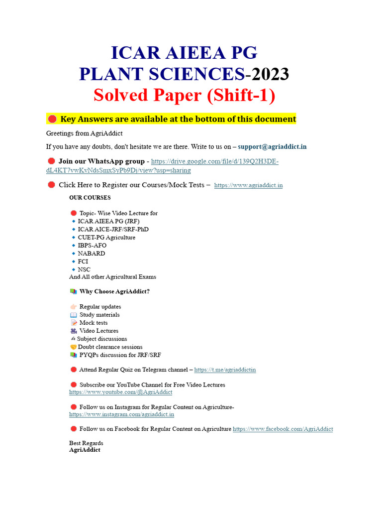 ICAR PG Plant Science Solved Paper 2023 | PDF | Plasmid | Genetics