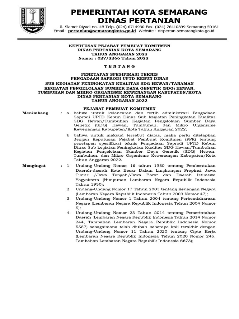 SK SPEK PENGADAAN SAPRODI UPTD KEBUN DINAS | PDF