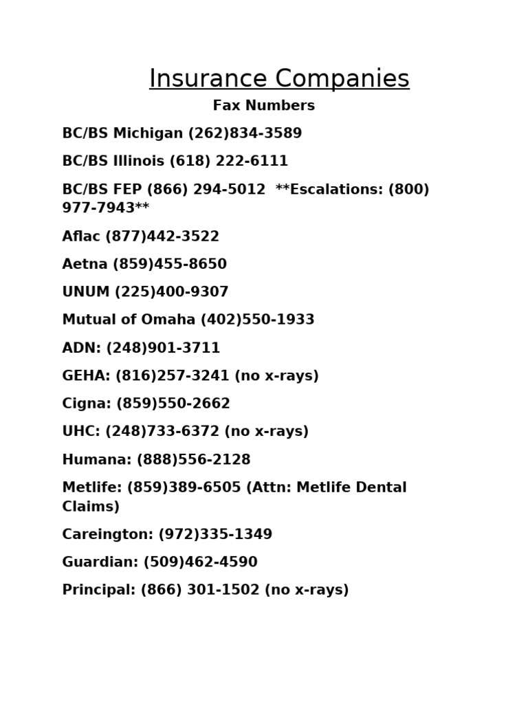 Insurance Company Fax Number List | PDF