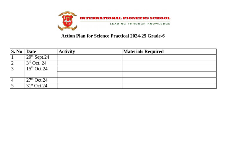 Gr-4 Action Plan for Science Practical 2024-25 | PDF