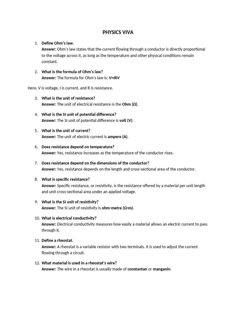 PHYSICS VIVA | PDF | Optics | Voltage