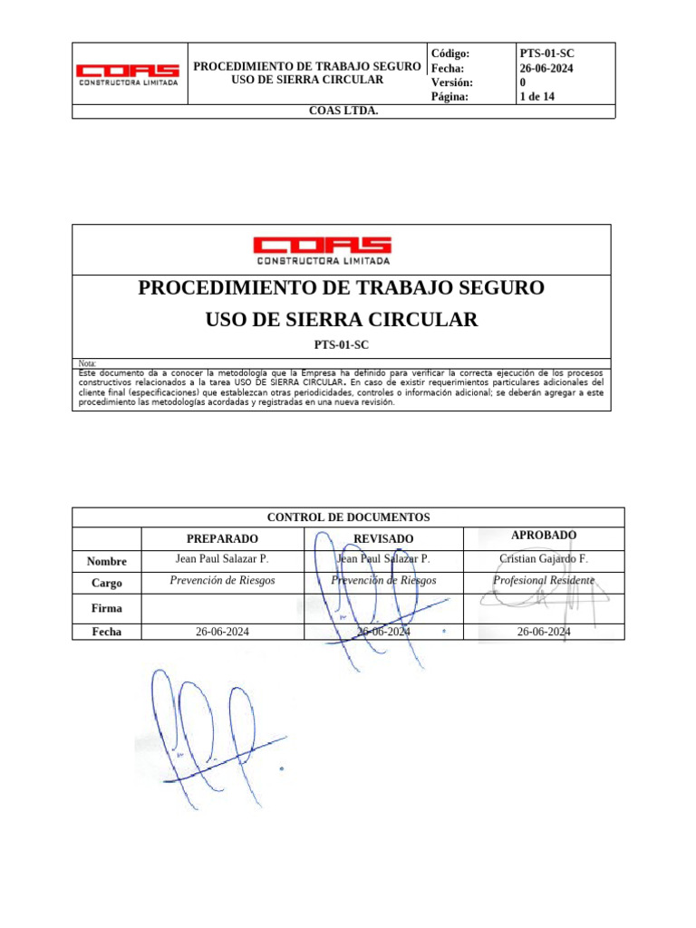 PTS-01 Procedimiento de trabajo seguro uso de Sierra Circular | PDF