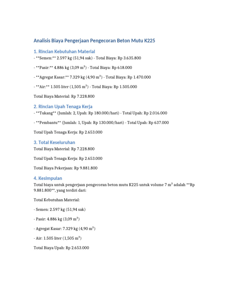 Analisis Biaya Pengecoran Beton K225 | PDF