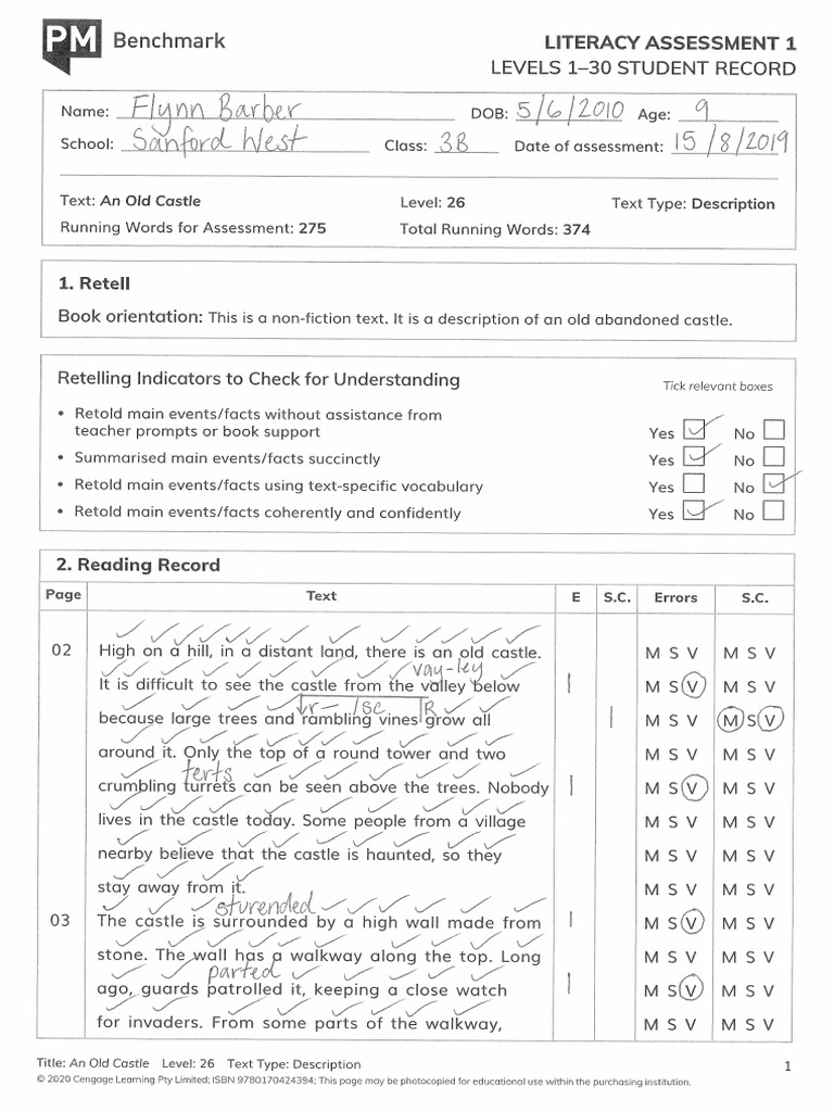 PM Benchmark Literacy Assessment Kit Example Student Record Level 26 ...