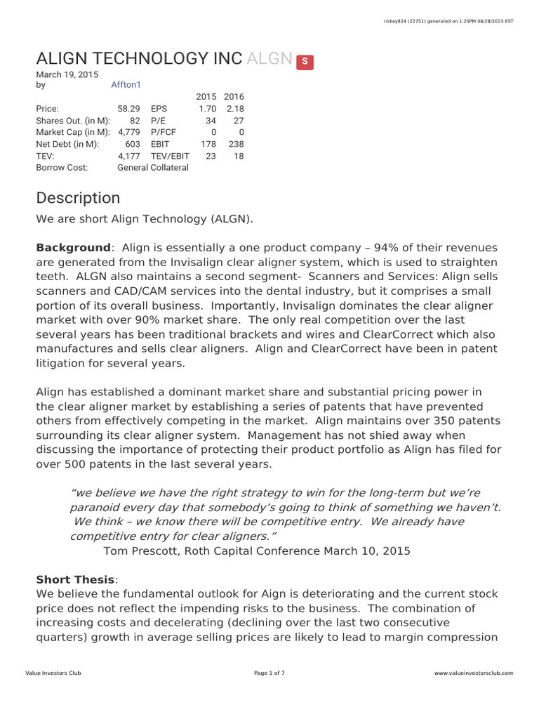 03.19.15 ALGN VIC Writeup | PDF | Stocks | Investing