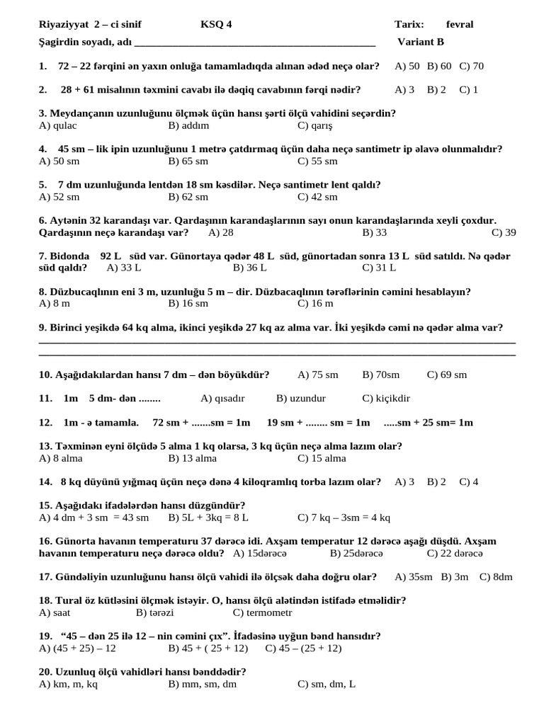 Riyaziyyat 2-Ci Sinif KSQ 4 B Variant | PDF