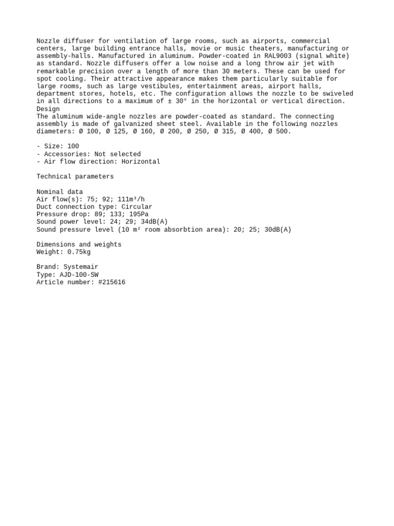 Systemair AJD Nozzle Diffuser 215616 | PDF