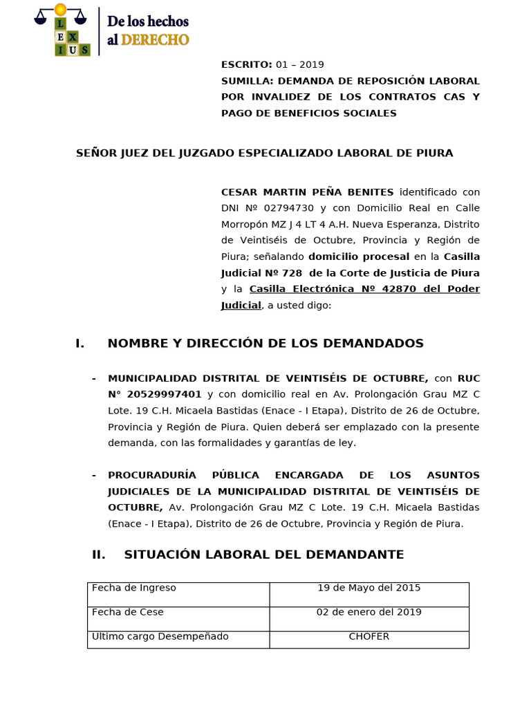 Modelo de Demanda de Reposicion Laboral Por Invalidez de Los Contratos Cas y Pago de Beneficios ...