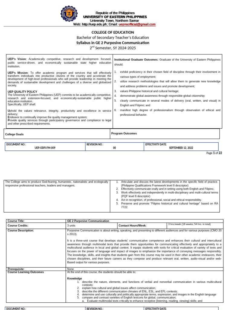 Syllabus Purposive Comm | PDF | Communication | English As A Second Or ...