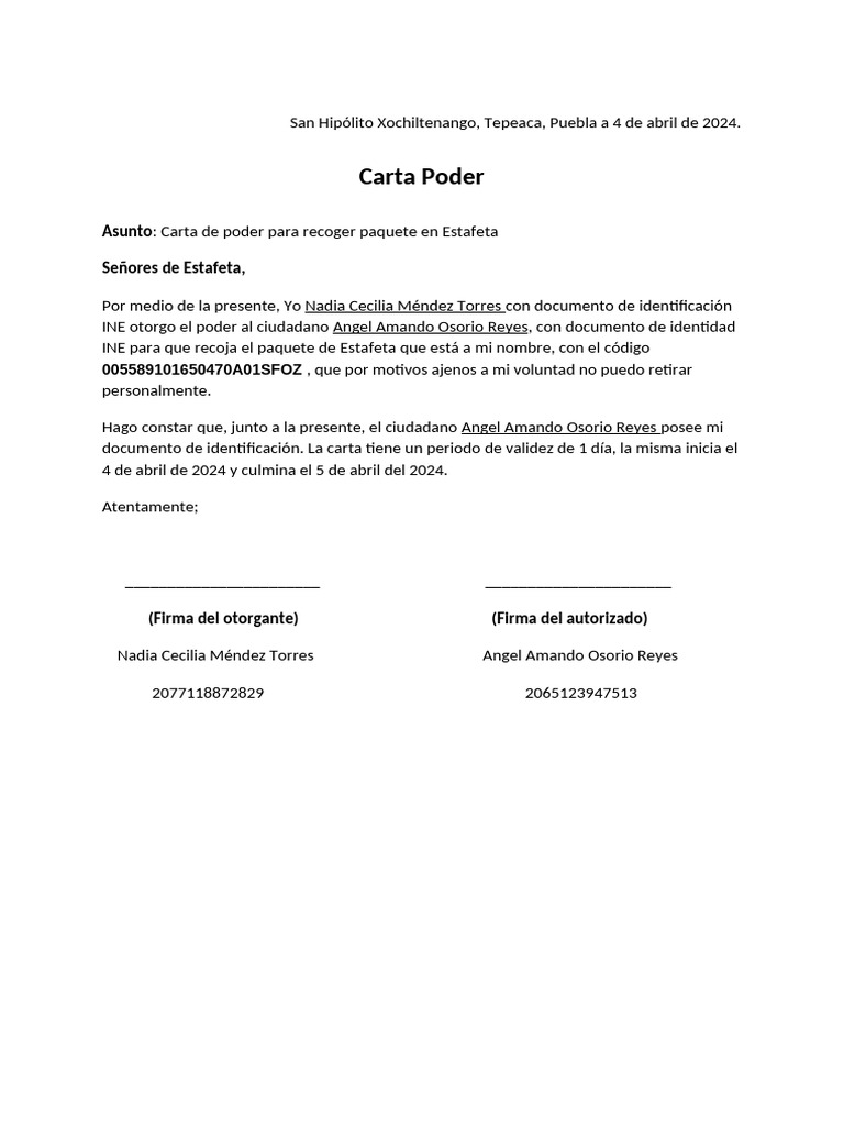 Carta Poder para Recoger Un Paquete en Estafeta | PDF