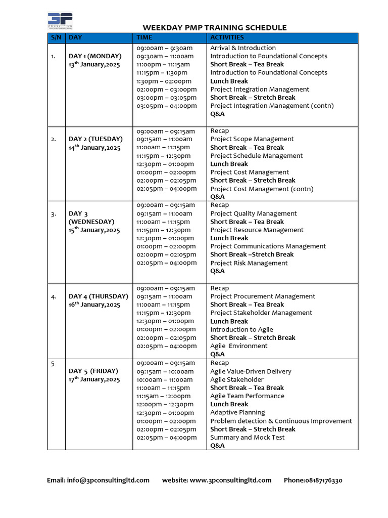 PMP Training Schedule JANUARY 2025 Weekday | PDF
