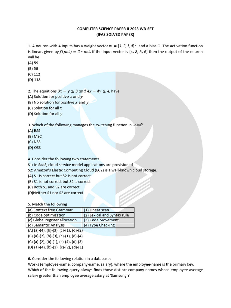 Computer Science Paper Ii 2023 Wb-Set (Ifas Solved Paper) | PDF | Transmission Control Protocol ...