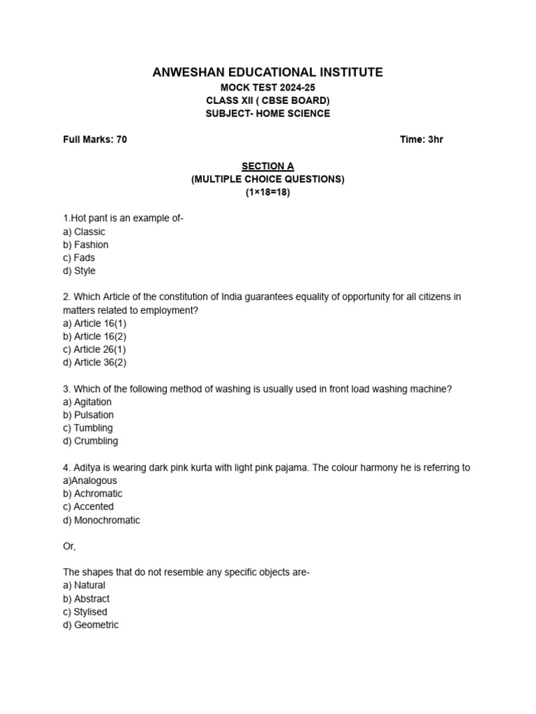 Home Science Mock Test Class XII 2024-25 | PDF | Hazards | Food Safety