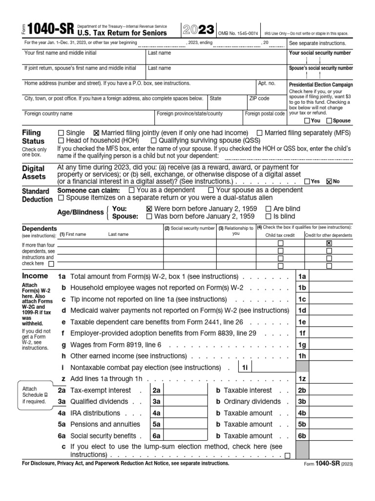 2023 U.S. Tax Return Form 1040-SR | PDF | Irs Tax Forms | Tax Deduction