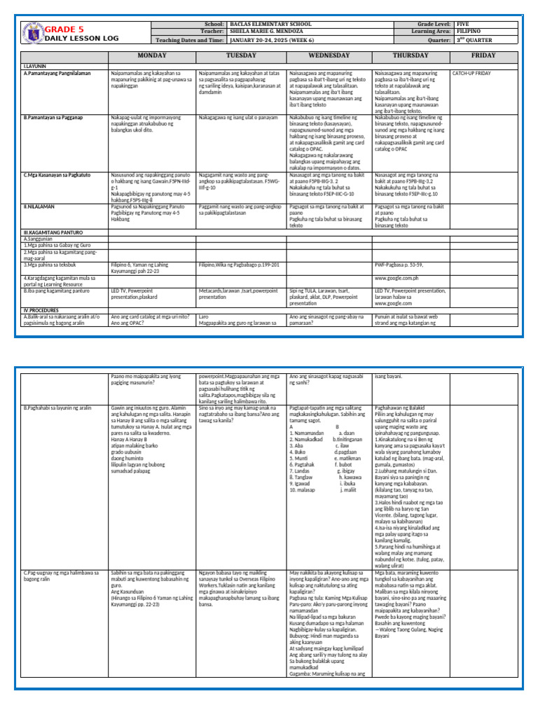 DLL - Filipino 5 - Q3 - W6 | PDF