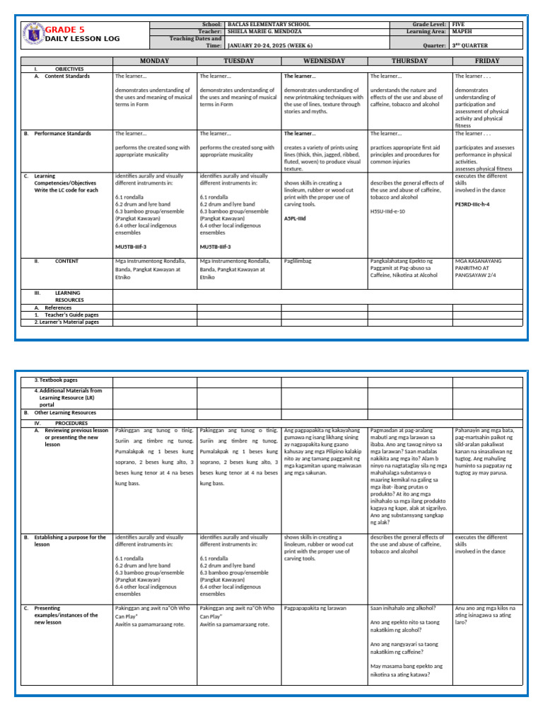 DLL - Mapeh 5 - Q3 - W6 | PDF