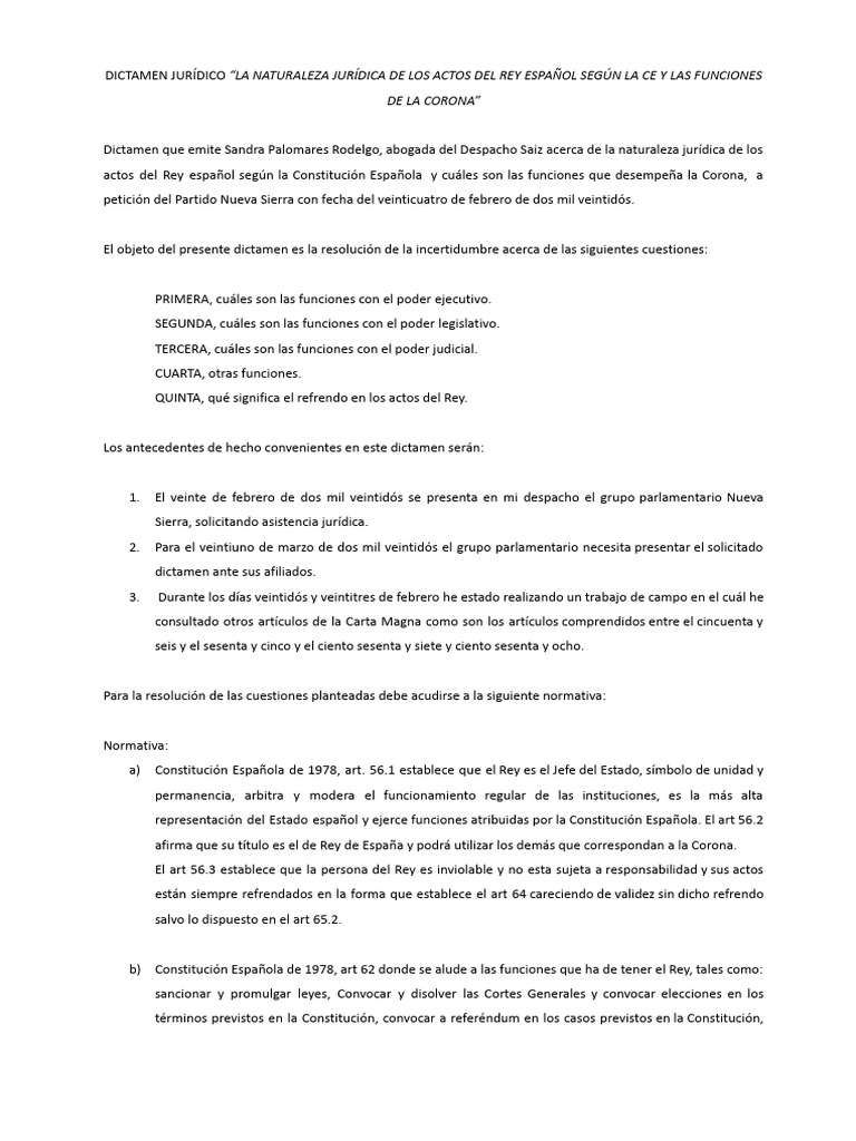 DICTAMEN JURÍDICO “LA NATURALEZA JURÍDICA DE LOS ACTOS DEL REY ESPAÑOL ...