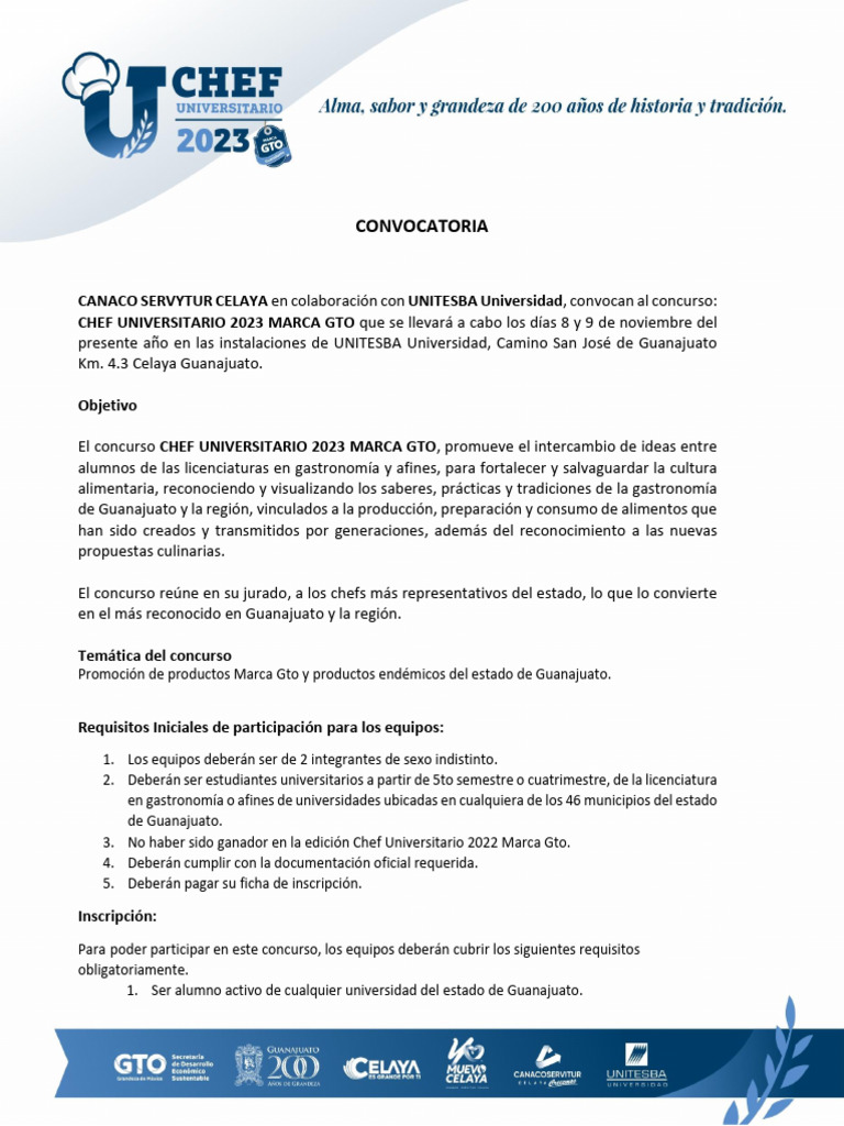 Convocatoria-Chef Universitario 2023 Marca Gto | PDF | Cocina | Artes ...