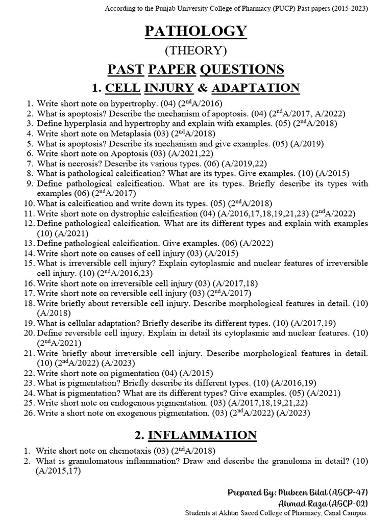 PATHOLOGY Arranged Past Papers | PDF | Inflammation | Metastasis