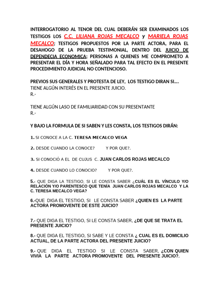 Interrogatorio para Los Testigos Dependencia Economica | PDF