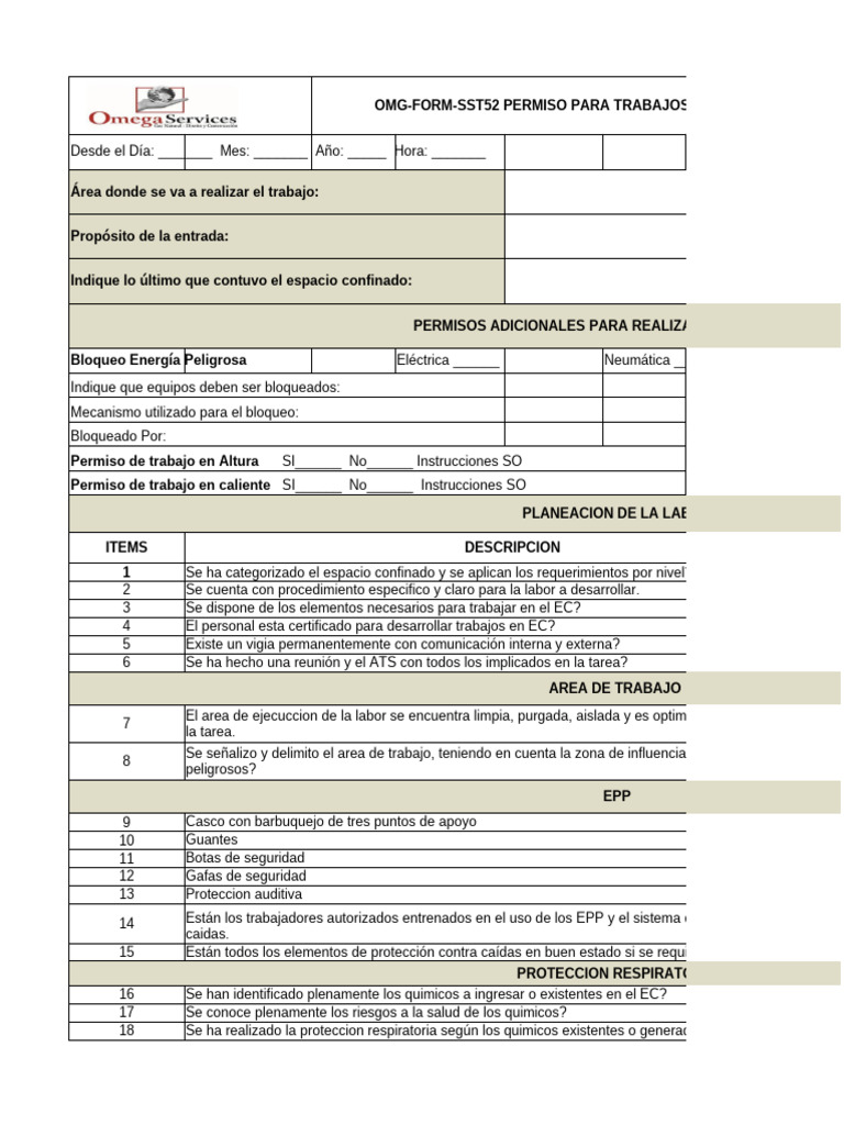 OMG-FORM-SST52 PERMISO PARA TRABAJOS EN ESPACIO CONFINADO | PDF