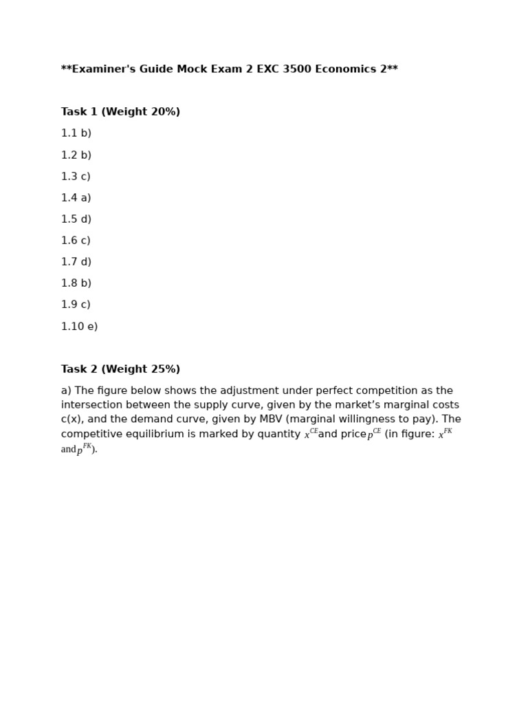 Mock Exam 2 EXC 3500 Economics 2 Solutions | PDF | Marginal Cost | Demand