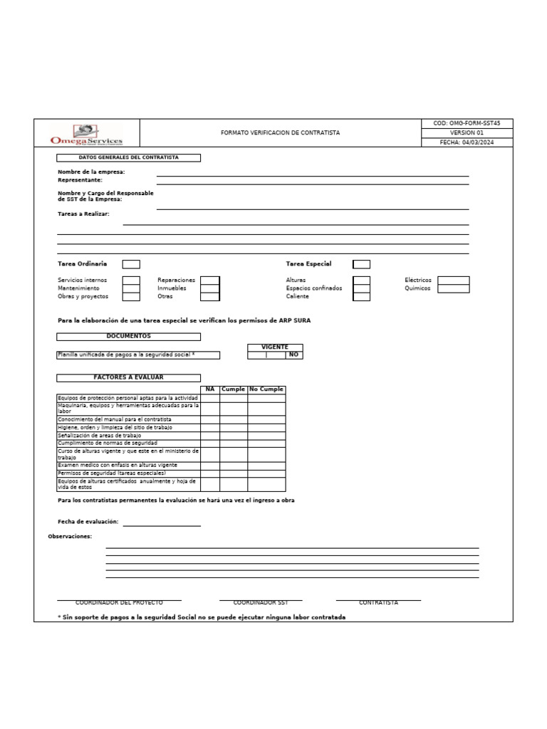 Omg-Form-Sst45 Verificacion de Ingreso Contratista | PDF