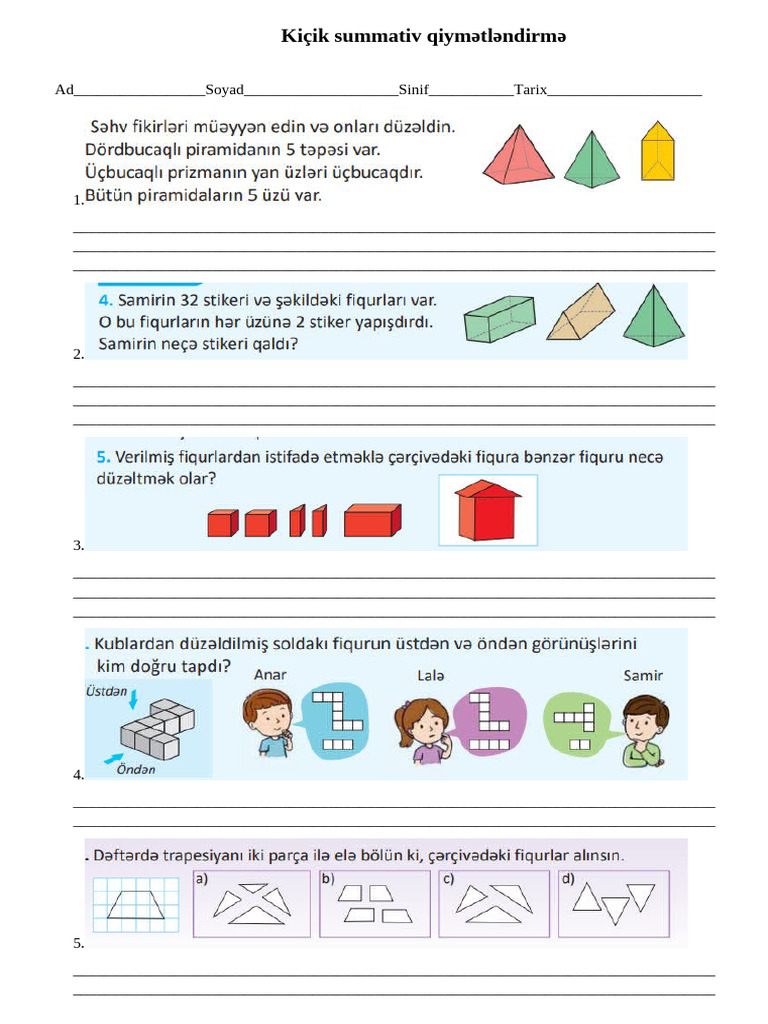 Kiçik Summativ Qiymətləndirmə 3 CÜ SİNİF | PDF
