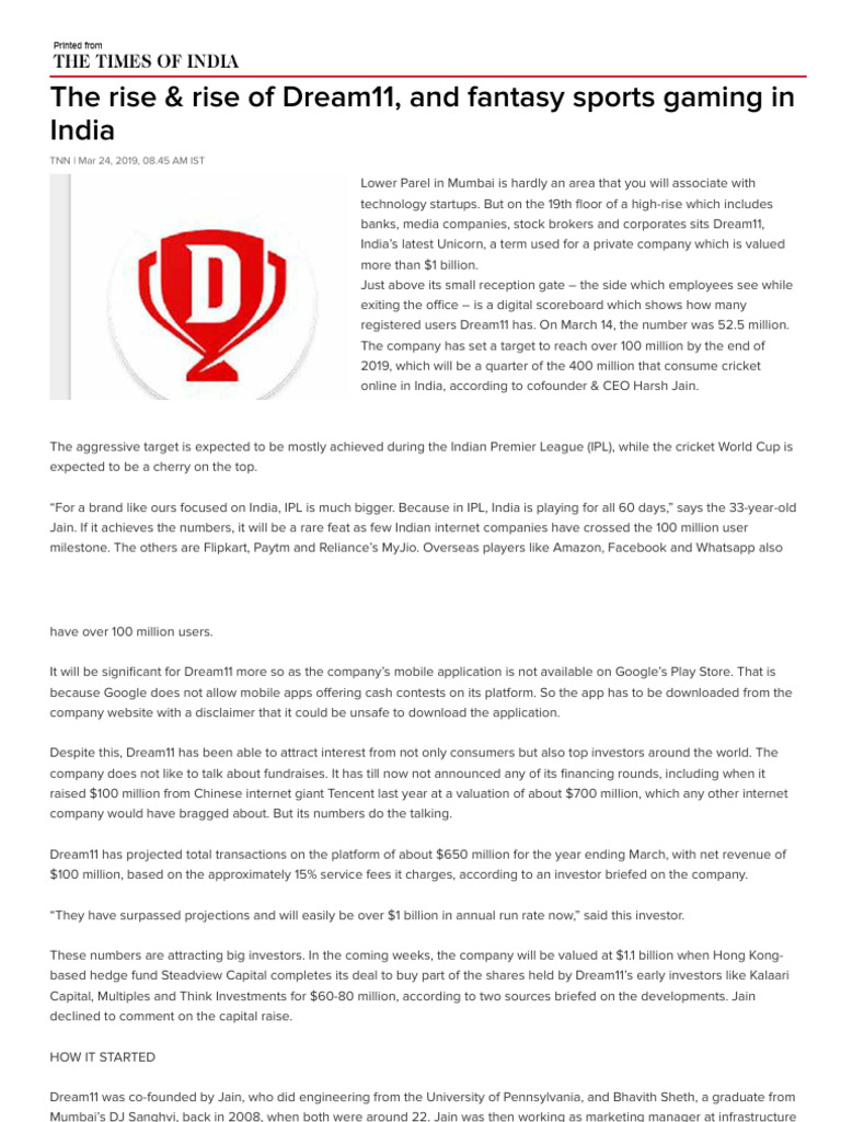 Q The Rise of Dream11 and Fantasy Sports Gaming in India | PDF