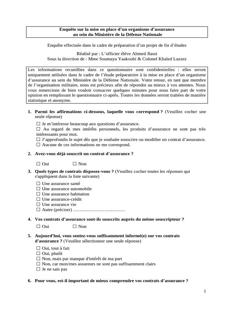 Enquête sur l'assurance au Ministère de la Défense | PDF | Assurance