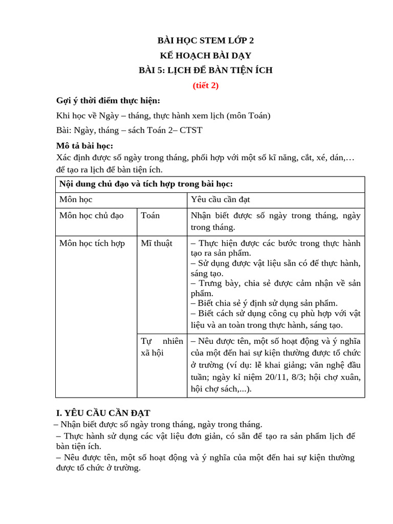 Bh Stem 2 - bài 5 - lịch Để Bàn Tiện Ích - khbd | PDF